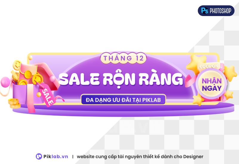 E-commerce Sale Tag, December "SALE RỘN RÀNG" with Gift Box, Gold Coins, and Coupon, Purple and ...